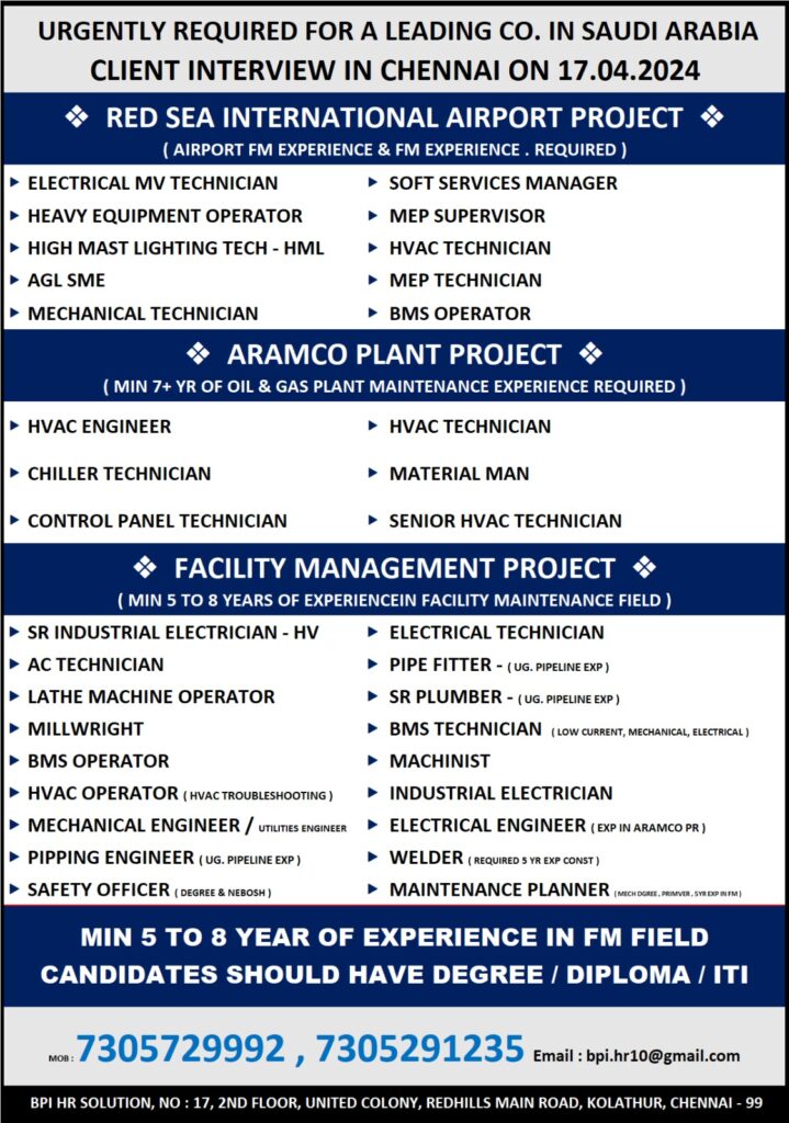 Urgent Jobs Vacancies For Saudi Arabia And Qatar, Interview In Chennai